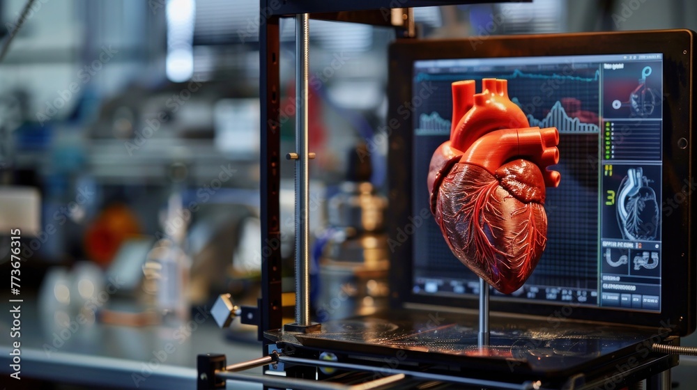 3D printer producing a detailed model of a human heart based on a ...