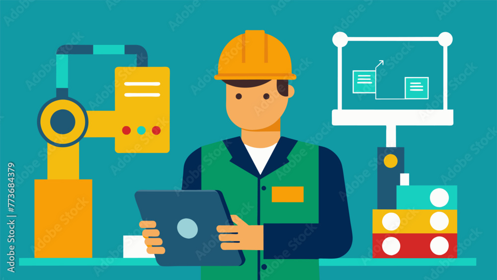 A worker using a tablet to monitor and adjust a manufacturing process ...