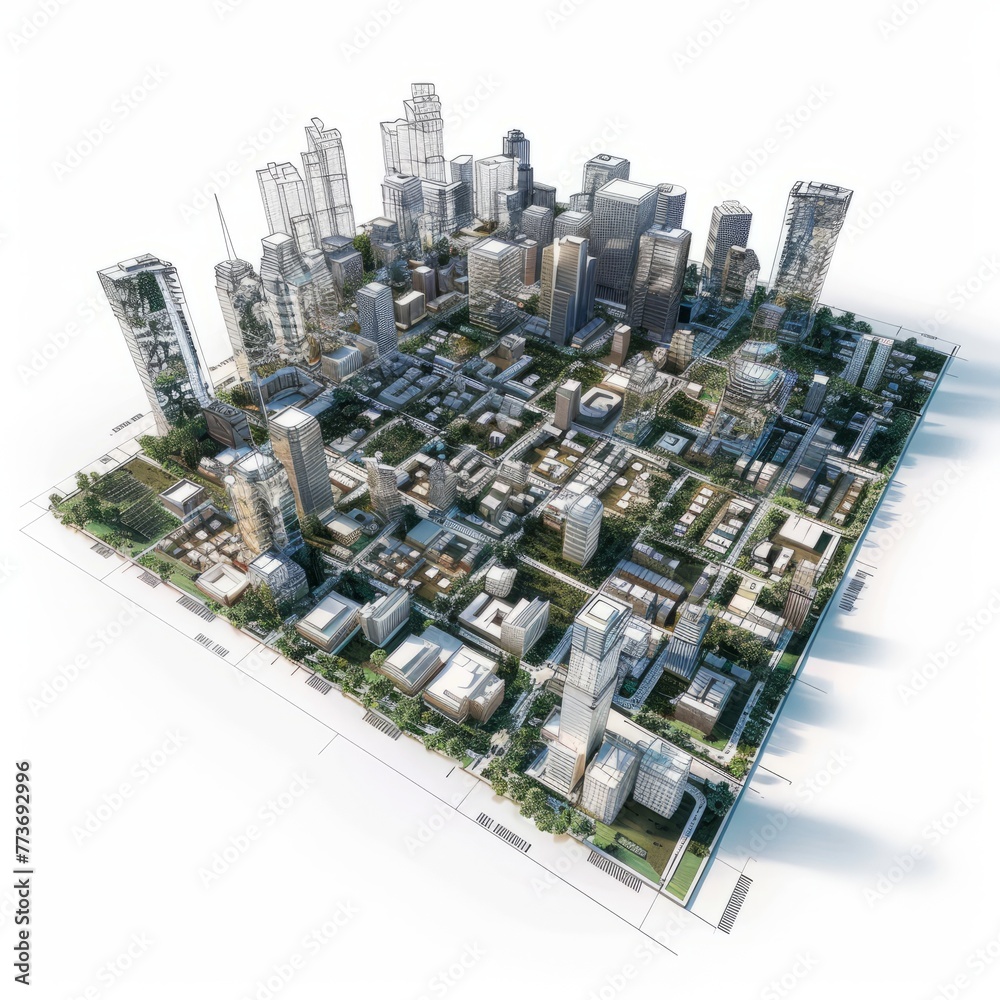 3D Render of a digital twin city simulation, illustrating real-time data analytics and ...