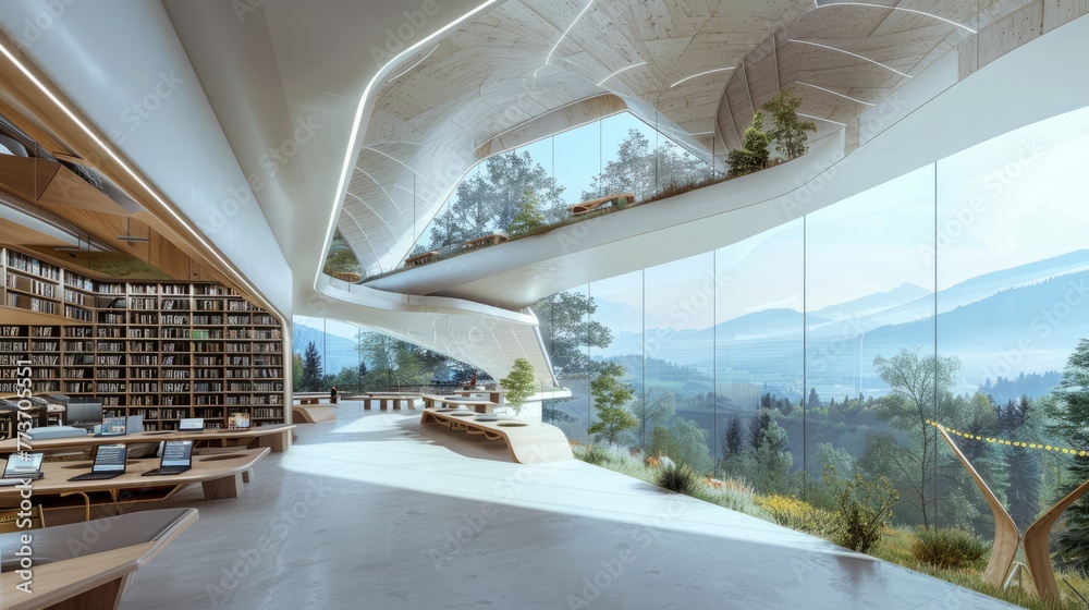 A futuristic, high-tech library with touch-screen interfaces ...