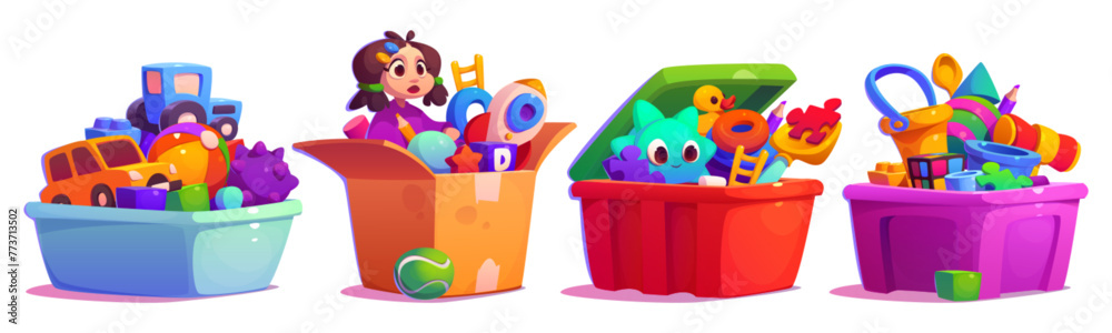 Kid box with doll, ball and child car cartoon. Full gift chest ...