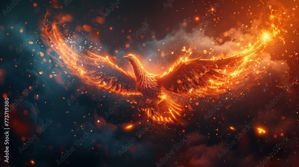 Fiery phoenix rebirth, 3D firebird illustration, ashes rise, mythical ...