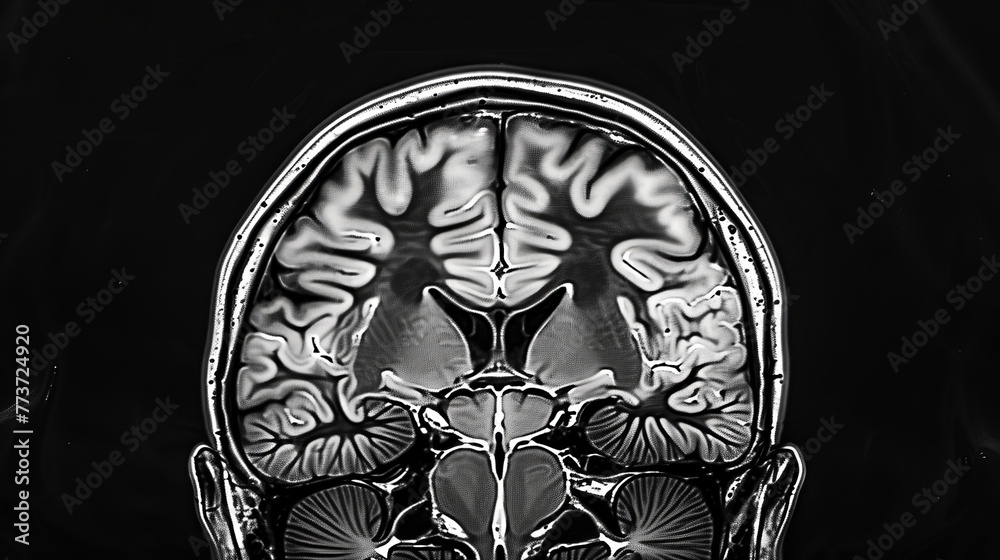 Reflective black and white MRI depicting a transverse cross-section of ...