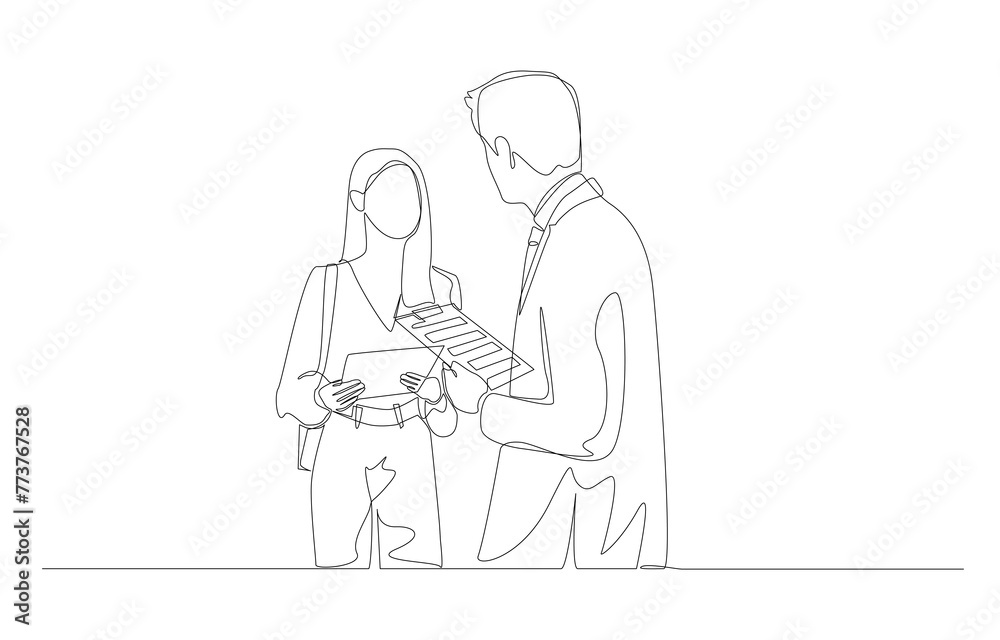 Continuous one line drawing of young lady handing job application form ...