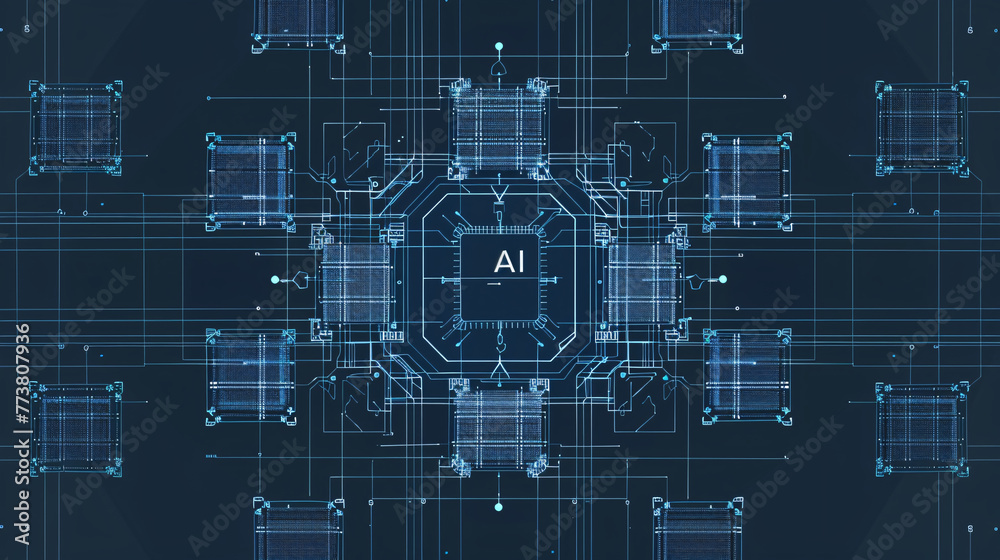 overhead view of a modern, detailed, realistic AI processor ...