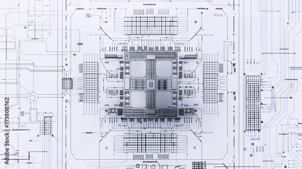 overhead view of a modern, detailed, realistic multi core processor ...