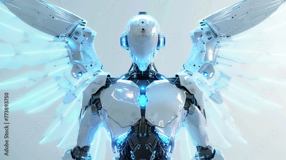 Angel robot in heaven Serene robotic angel, with glowing wings, patrols ...