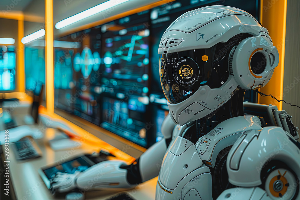 AI robots with screens displaying real time data analysis and learning ...