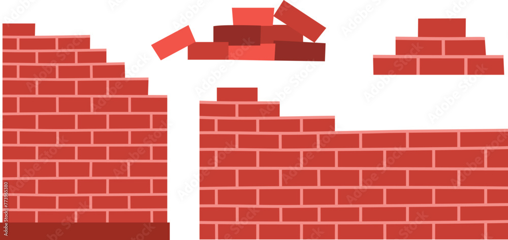 Vector red brick wall set. Construction site illustration. Brickwork ...