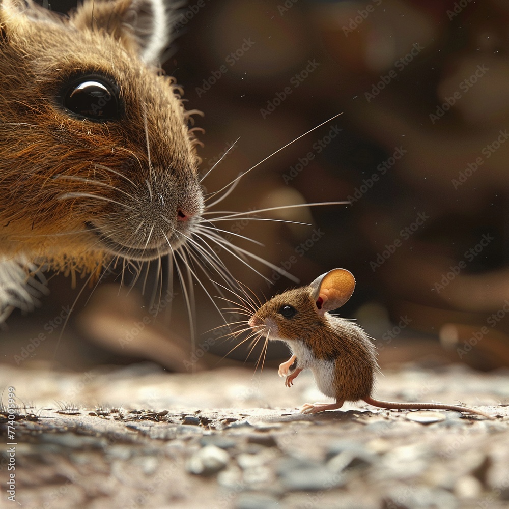 Gentle giant befriending miniature mouse, bright colors, clean ...