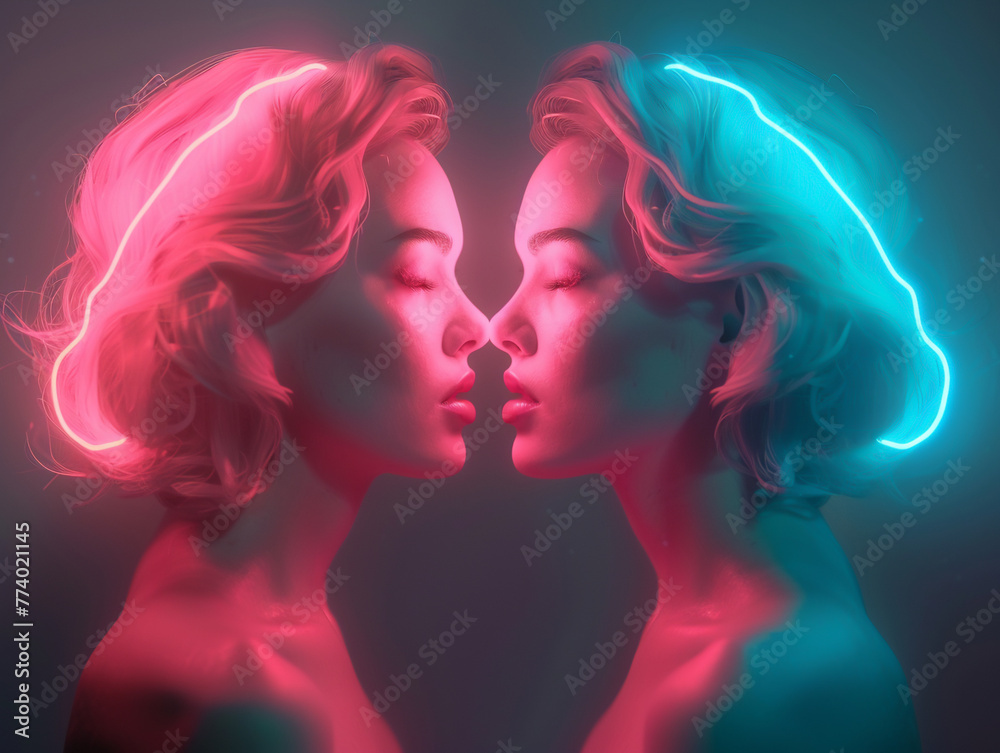 Under the minimalist glow of zodiac stars neon Gemini twins mirror each ...