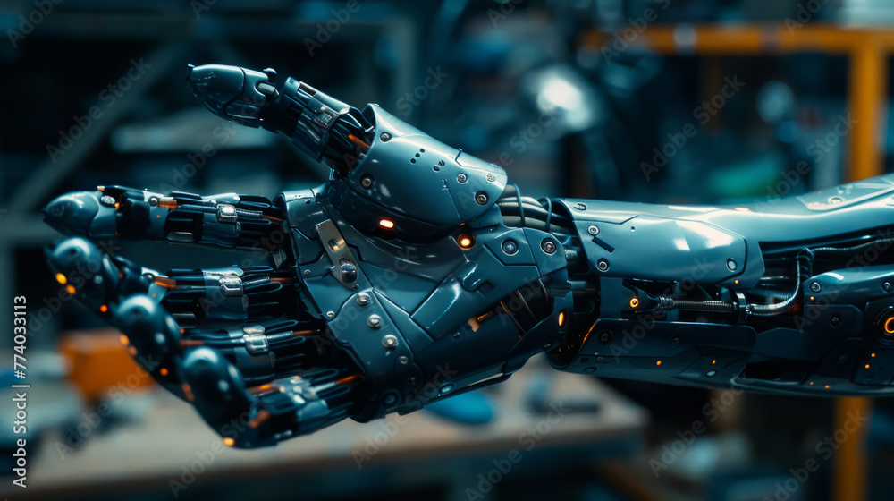 A close-up view of a robotic hand reaching towards each other ...