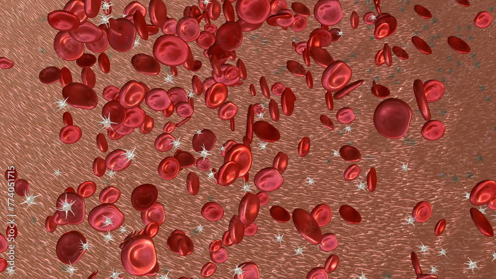 Many red blood cells and platelets in the blood vessels as 3d modeling ...