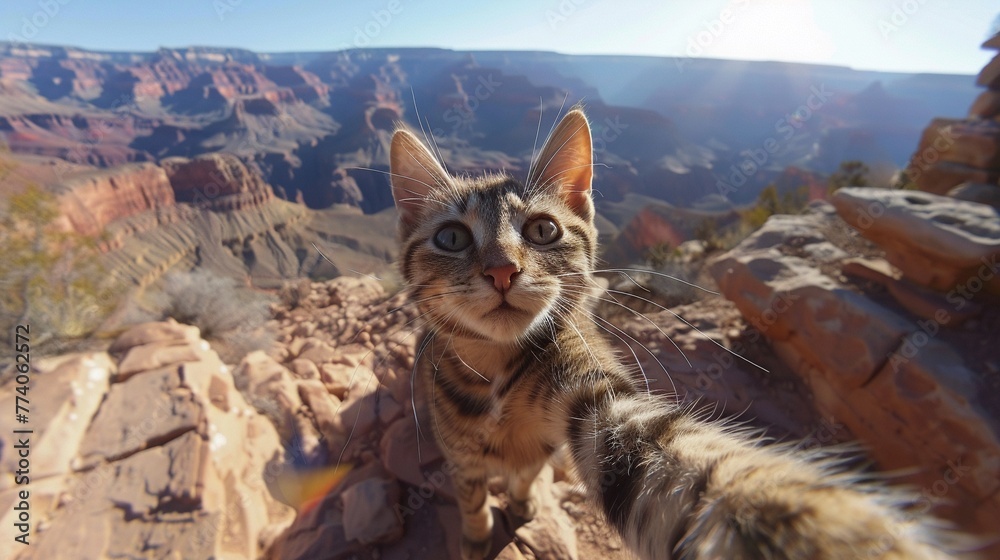 Cat snapping a selfie in front of the Grand Canyon, photorealistic with ...