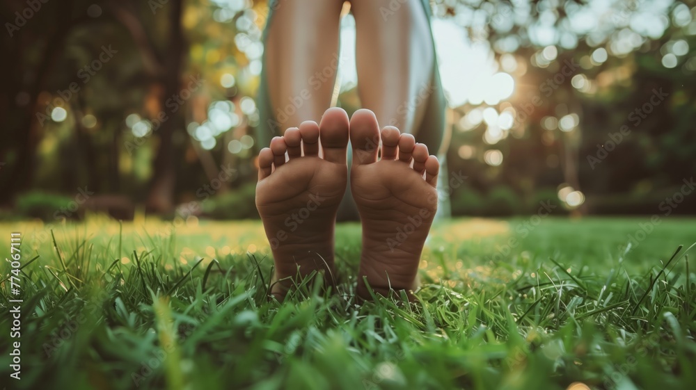Bare feet with soles facing up on a grassy field during what appears to ...