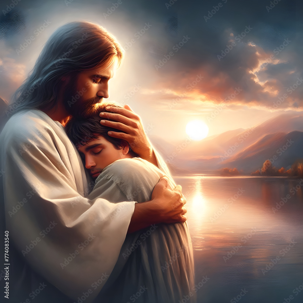 Jesus hugs and welcoming man in heaven with love Stock Illustration ...