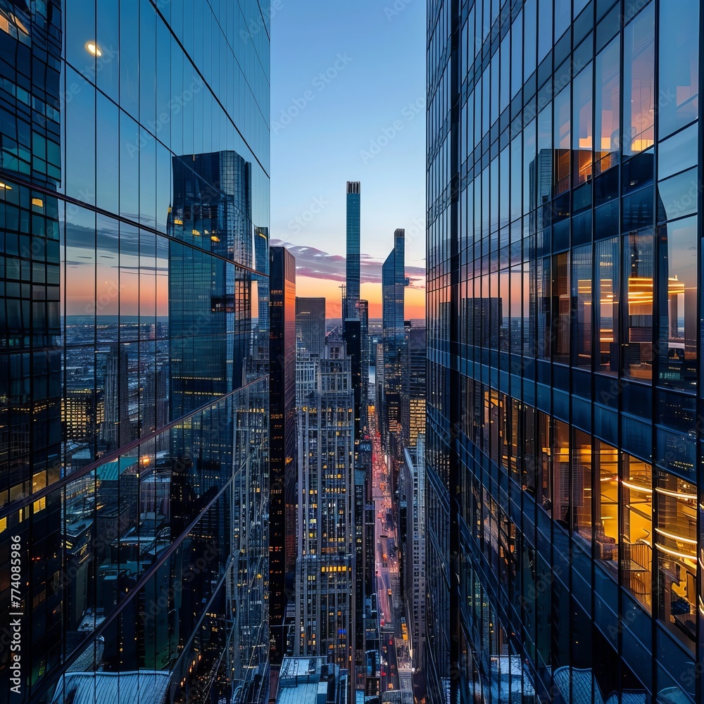 Stock-Foto „High-rise buildings, cityscape, modern architecture, sunset sky, urban skyline ...