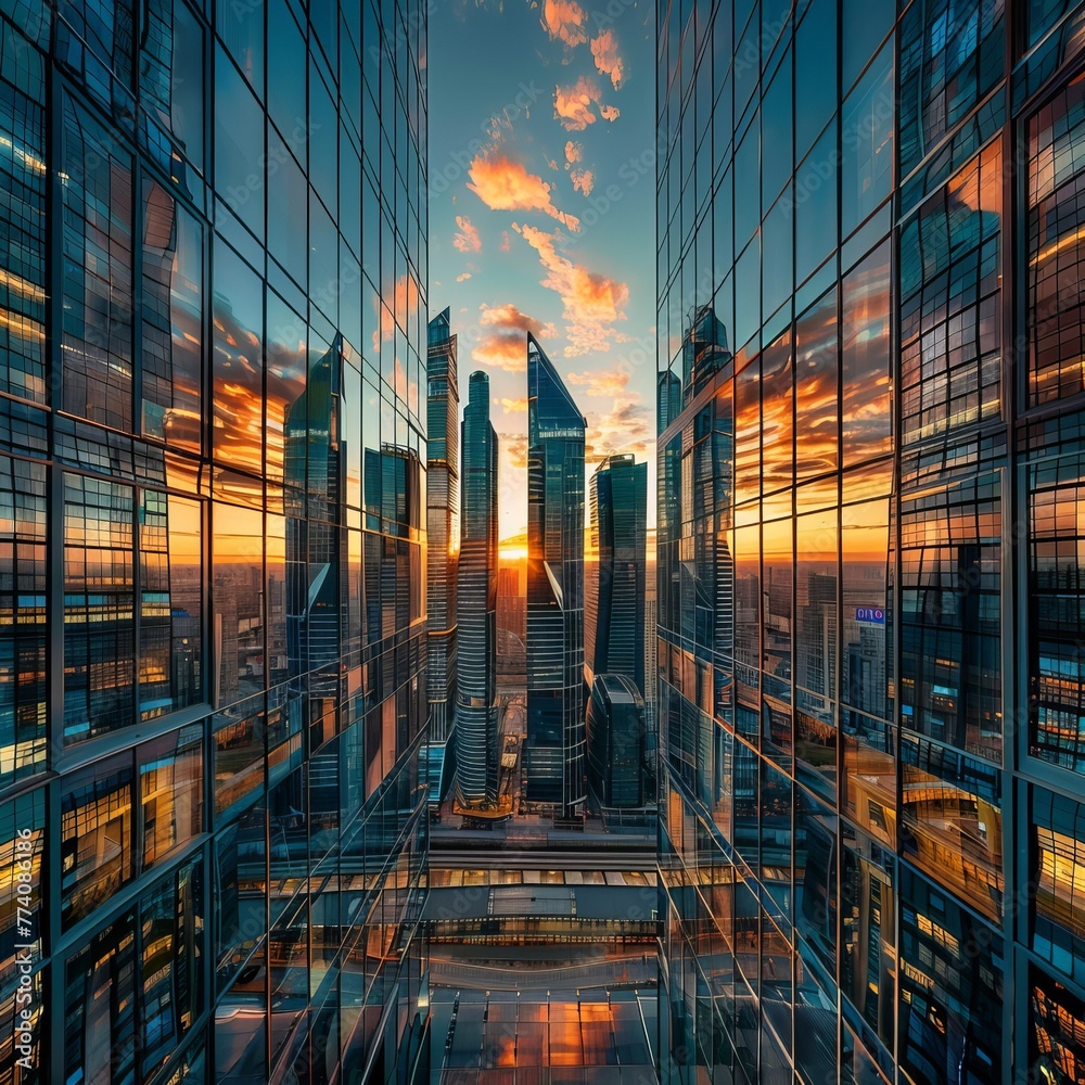 High-rise buildings, cityscape, modern architecture, sunset sky, urban skyline, glass curtain ...