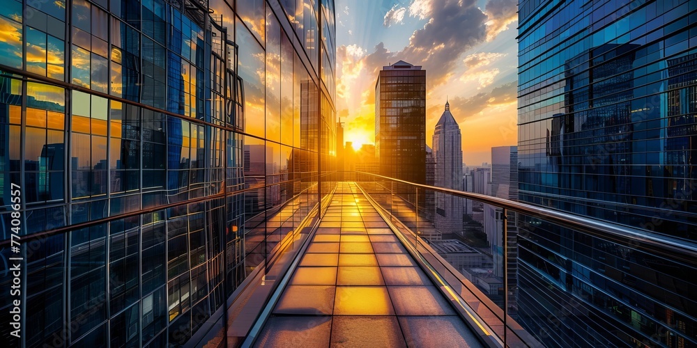 High-rise buildings, cityscape, modern architecture, sunset sky, urban skyline, glass curtain ...