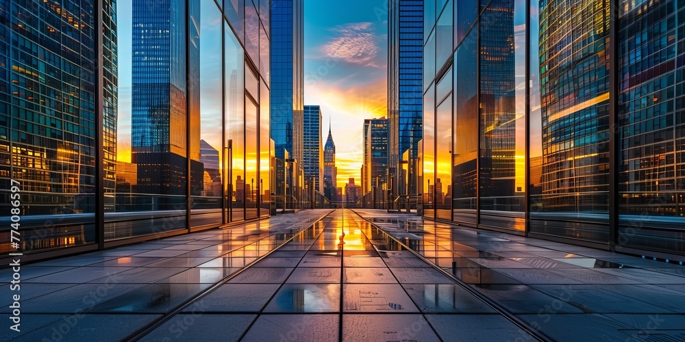 High-rise buildings, cityscape, modern architecture, sunset sky, urban ...