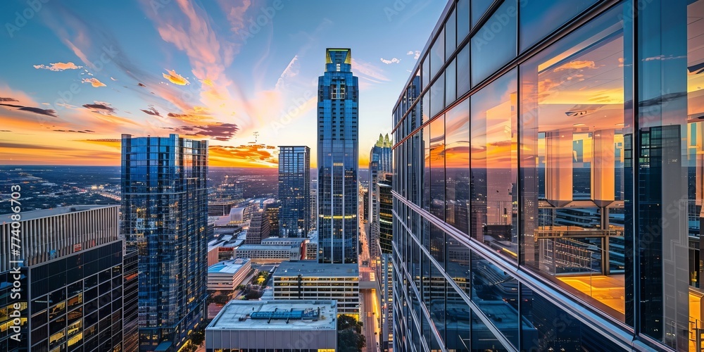 High-rise buildings, cityscape, modern architecture, sunset sky, urban skyline, glass curtain ...