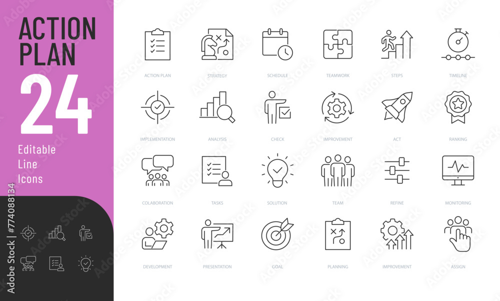 Action Plan Line Editable Icons set. Vector illustration in modern thin ...