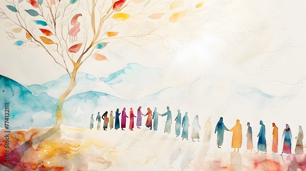 Vibrant Watercolor Painting of Early Church Sharing the Gospel with ...