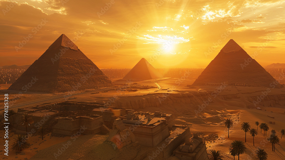 Photorealistic image from a hotel rooftop panoramic view of the Giza ...
