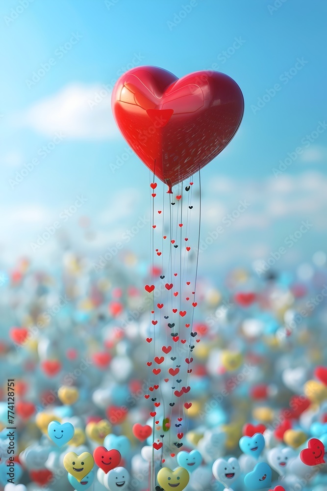 Heart shaped Balloon Rising Above Digital Landscape with Emoji Strings ...