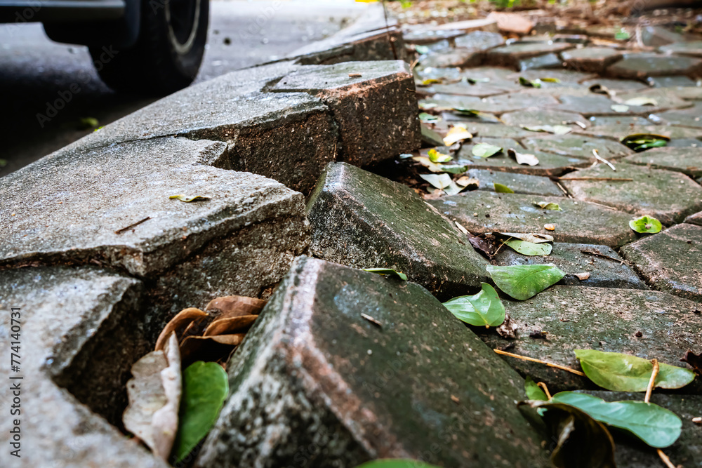Pavement surface is damaged and dangerous. Broken brick blocks can pose ...