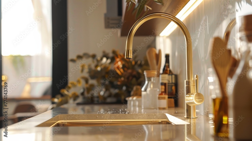 Ideal kitchen setup with a close-up on a vintage gold faucet tap ...
