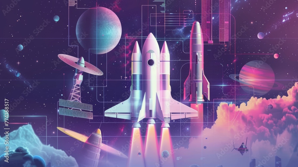 Ilustración de Stock Spaceship, rocket and satellite grid 3D shapes on ...