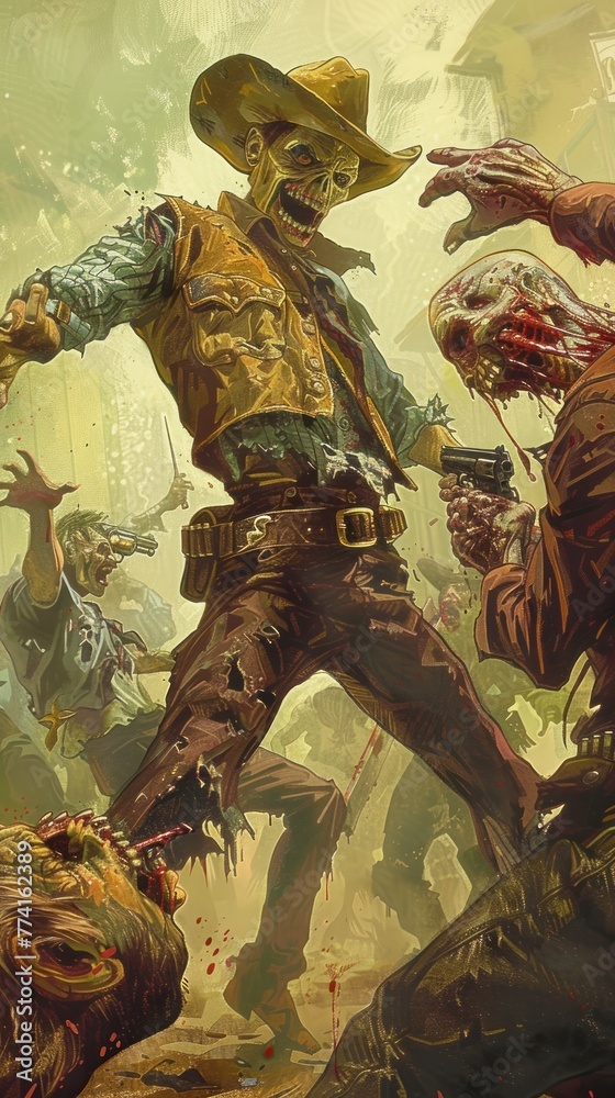 A detailed illustration of a cowboys duel with a zombie sheriff ...
