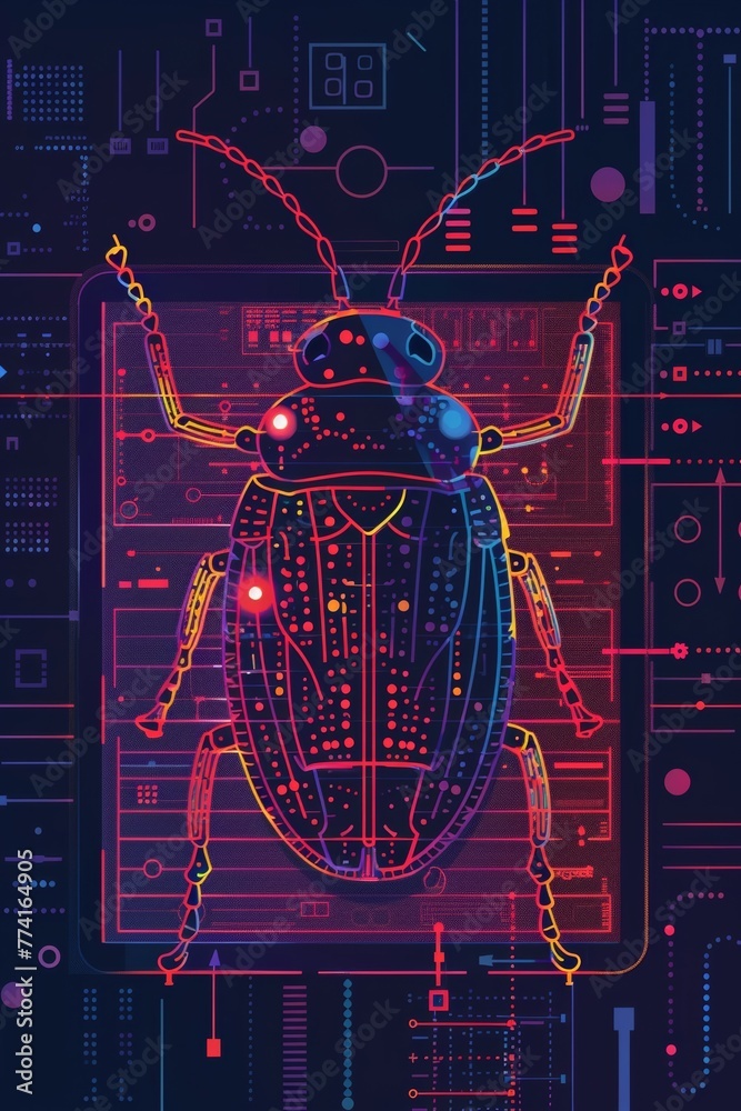 Troubleshooting concept highlighting software bugs on a computer ...