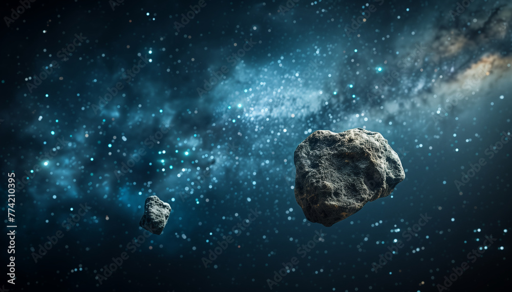 Asteroids floating in deep space with a starry background, depicting a cosmic scene, concept for ...