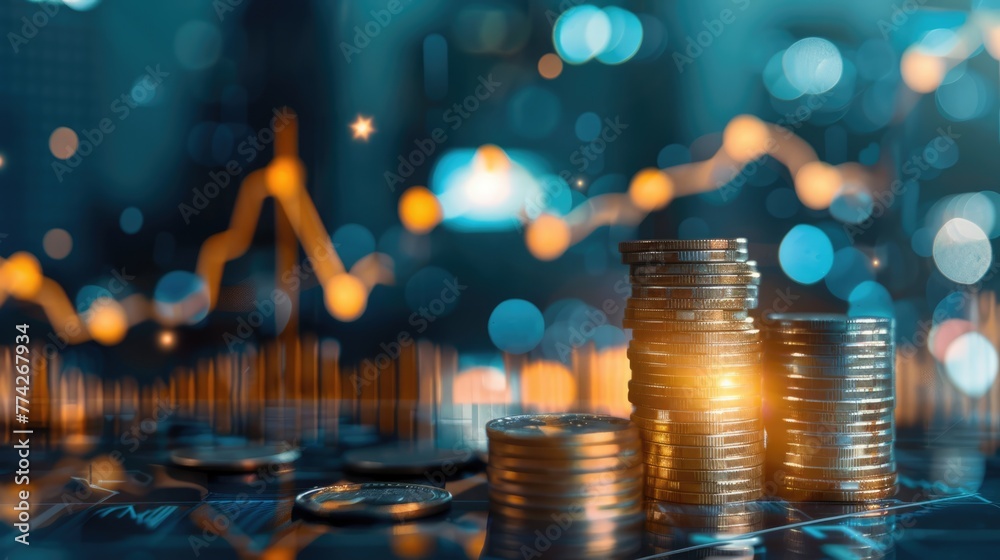 Stack of coins and a graph chart illustrating upward growth. Background ...