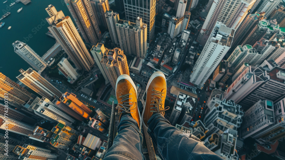 Seen from a first-person perspective, a daring urban explorer's feet ...
