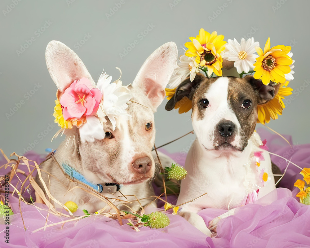 Furry friends wearing Easter bonnets, parade of pets in spring costumes ...
