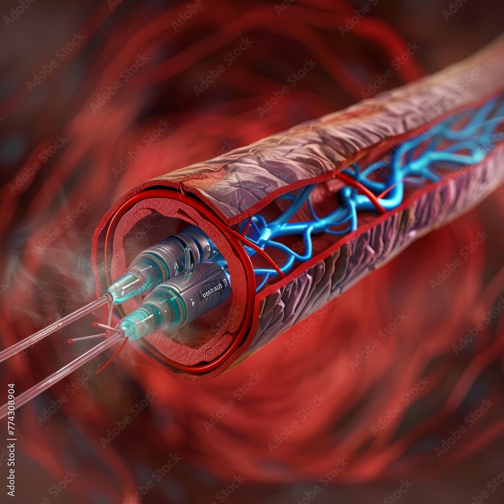 Realistic crosssection of an artery, with blue veins inside and red ...