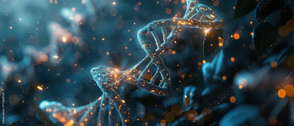 DNA helix adorned with radiant particles, reflecting themes of genomics ...