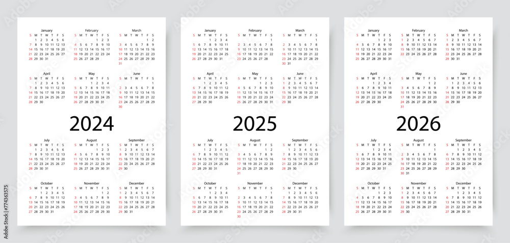 2024, 2025 and 2026 calendars. Calender template with 12 month. Vector ...