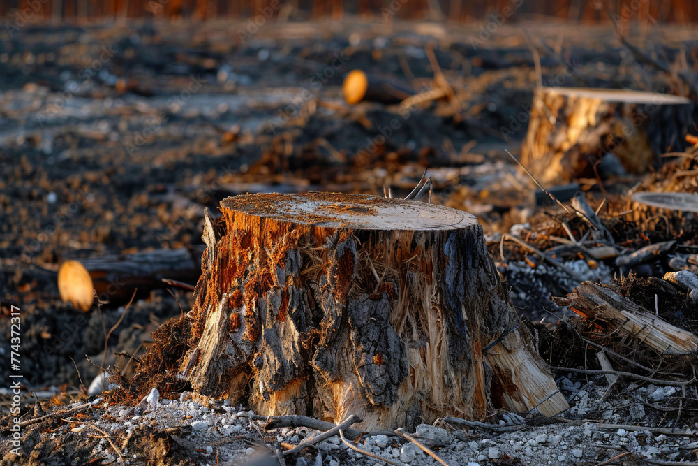 Deforested landscape with tree stumps in golden hour light ...