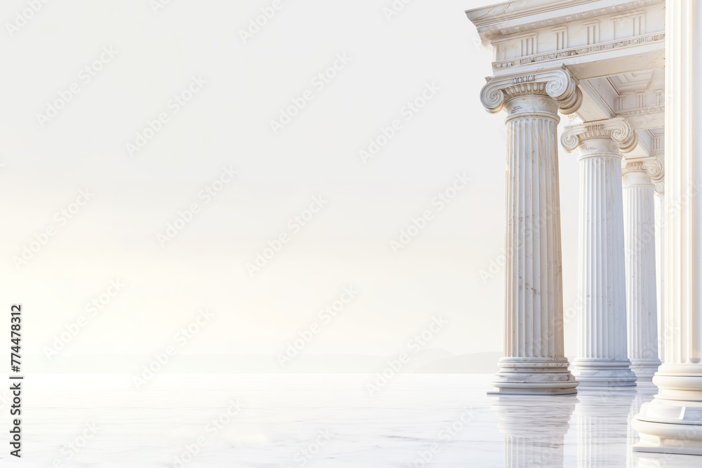 Elegant Greek columns in a row, reflecting on marble floor with soft ...