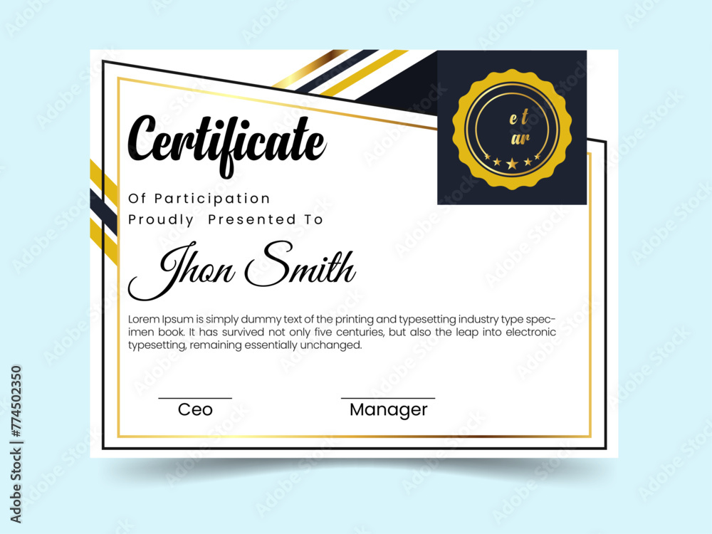 Certificate of appreciation template, gold and blue color. Clean modern ...