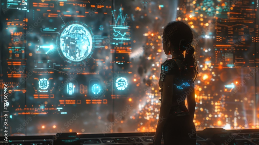 Silhouetted against a backdrop of mesmerizing digital displays, a ...