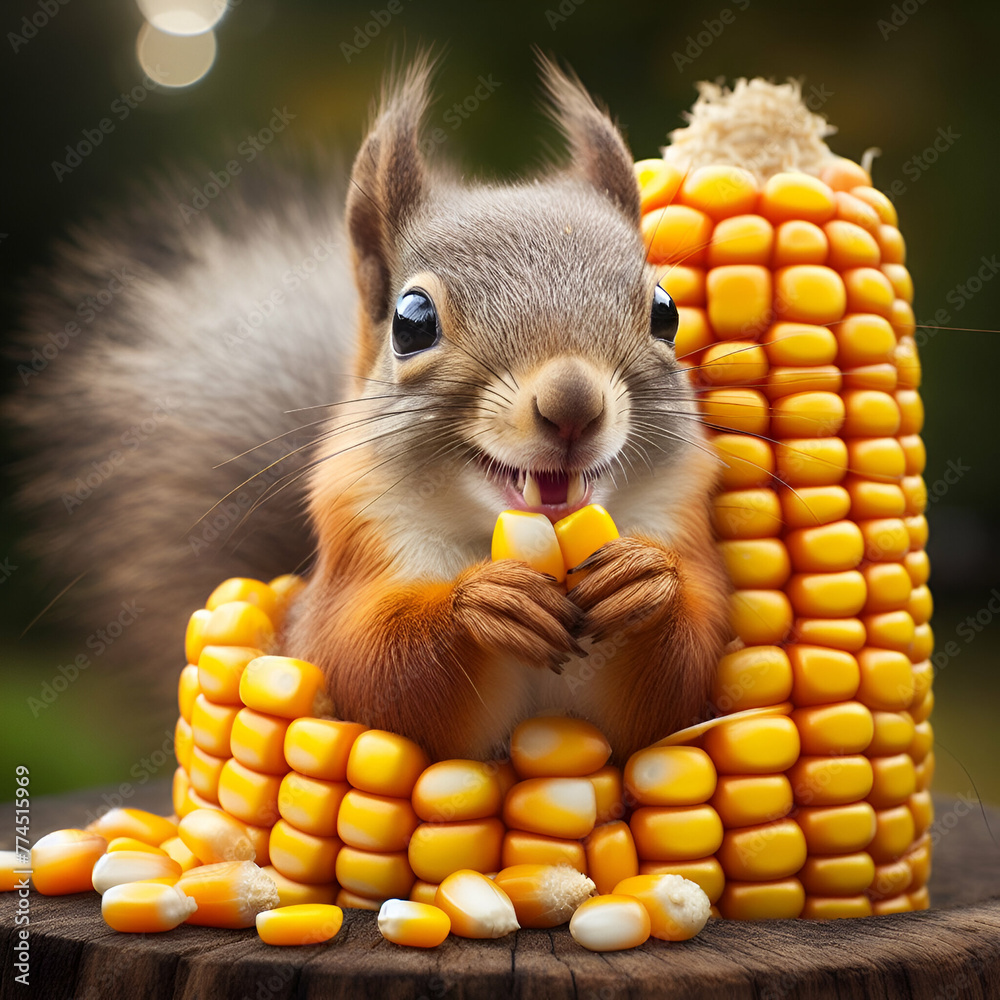 Squirrel Eating Ear of Deer Corn on the Cob Sitting & Standing on ...