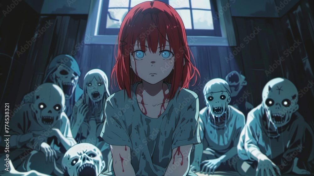 red-haired blue-eyed girl sits indoors, around her there are ghostly ...