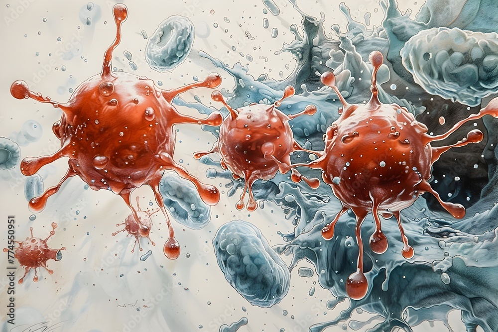 Detailed Colored Pencil of Red Blood Cells under Attack by White Blood ...