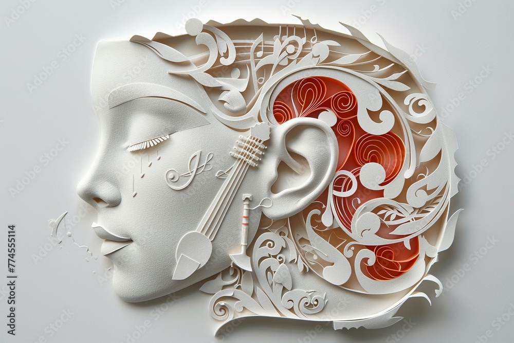 Produce a paper cut depiction of the ear, with musical notes and ...