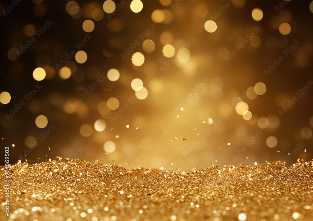 Gold black podium product stage with spotlight and golden glitter background. Gold lights rays ...